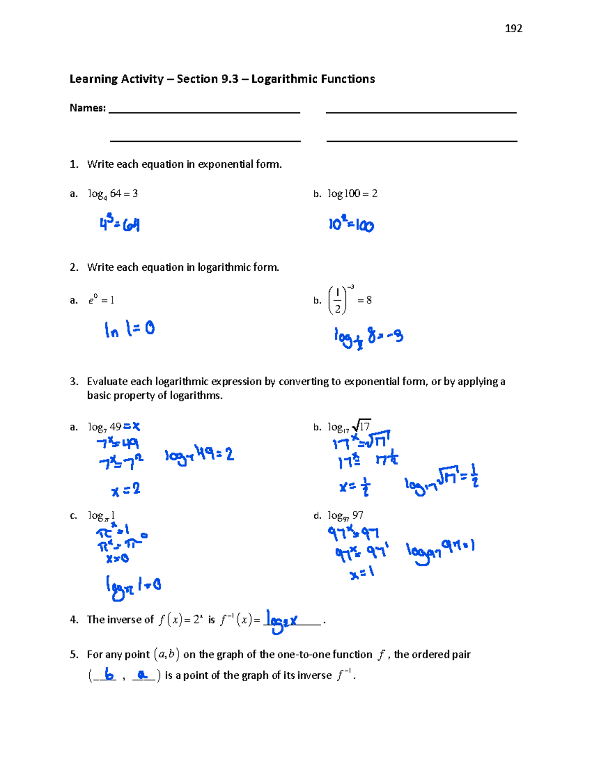 M1105C LA 9.3 Logarithmic Functions W PG NUMS - Learning Activity ...
