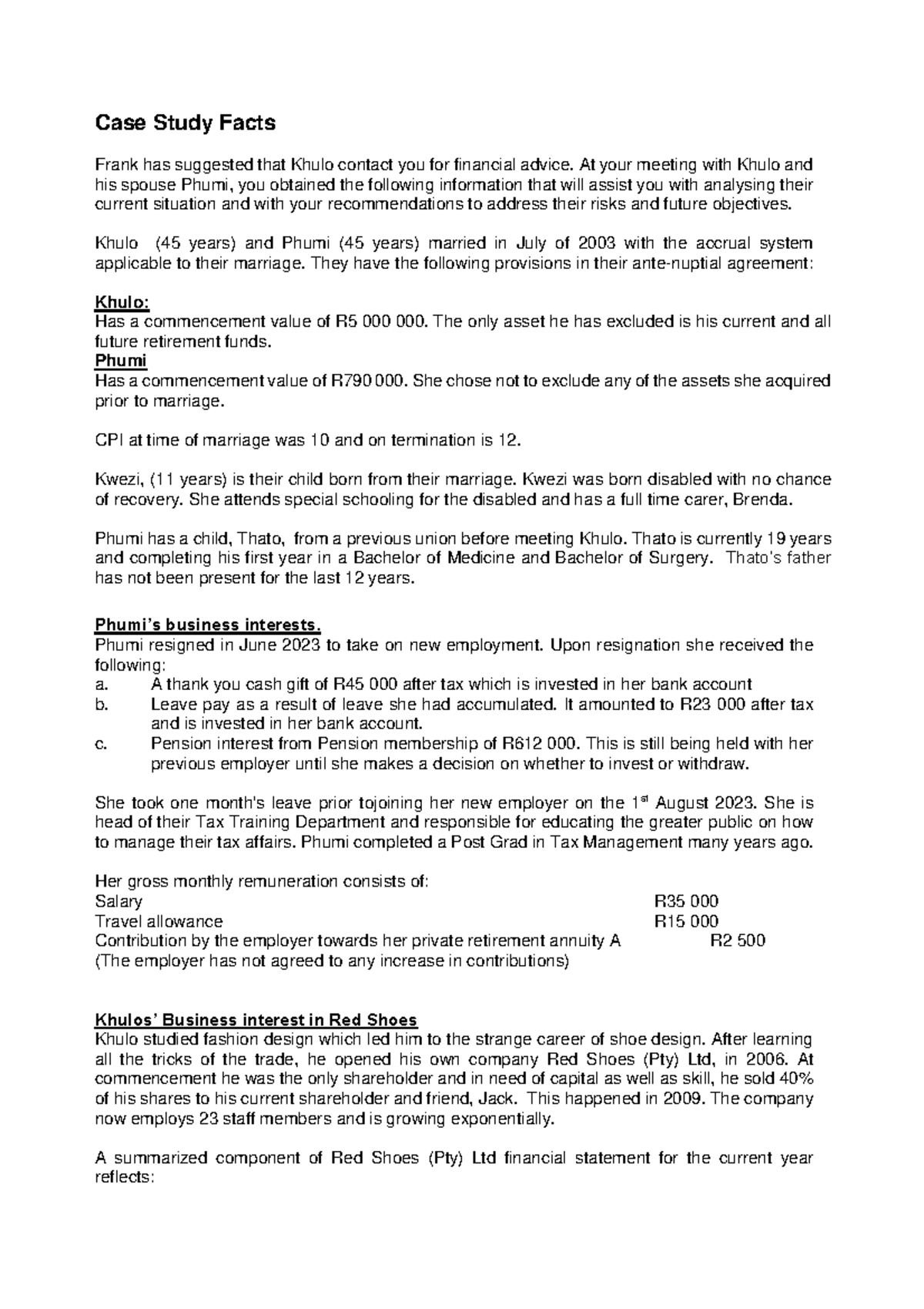 Khulo and Phumi - Integrated financial planning case study - Case Study ...