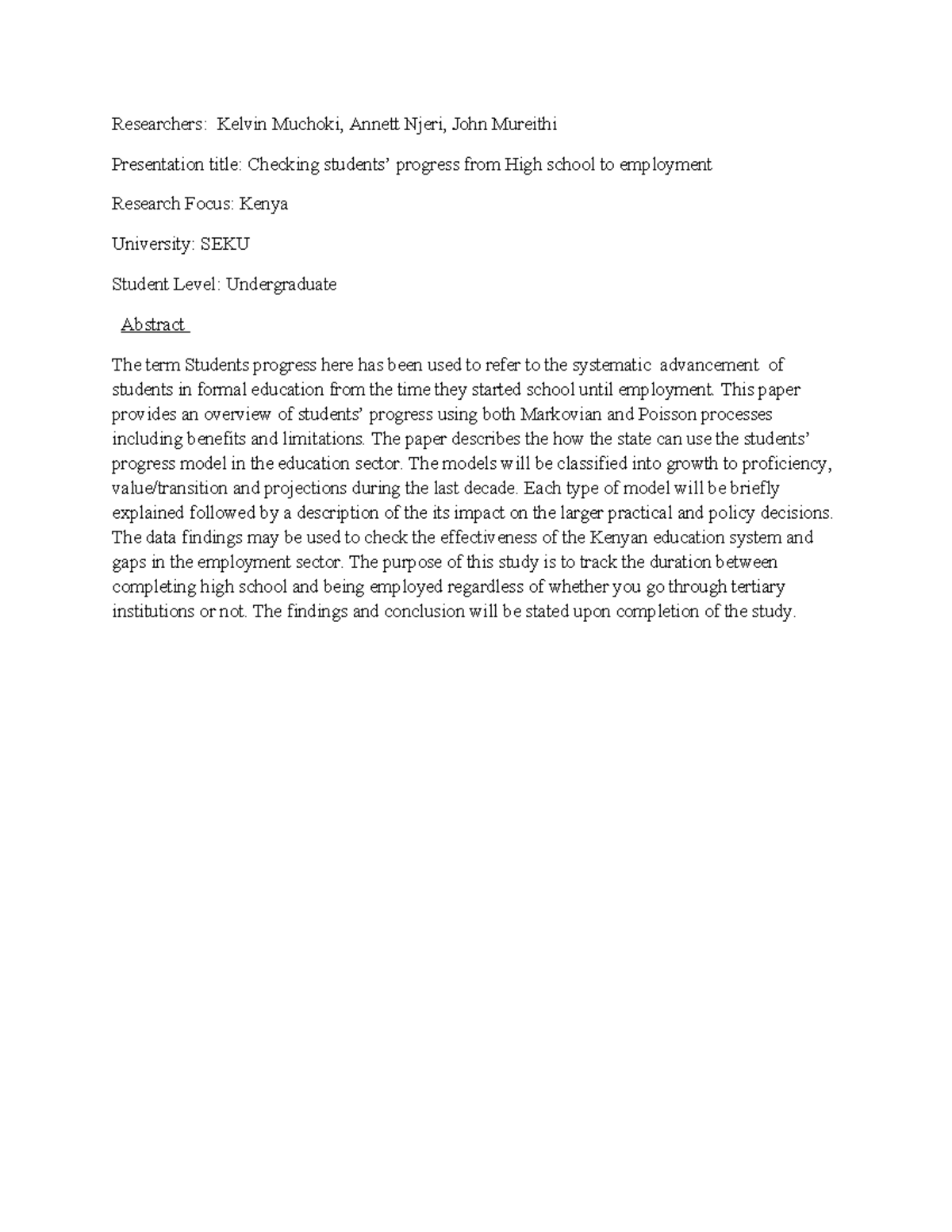 Abstract project - Researchers: Kelvin Muchoki, Annett Njeri, John ...