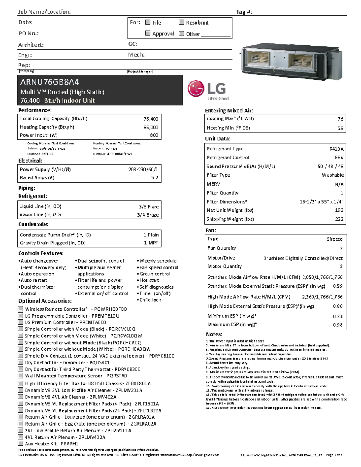 ARNU76GB8A4 - aaa - Date: Job Name/Location: PO No.: Architect: Engr ...
