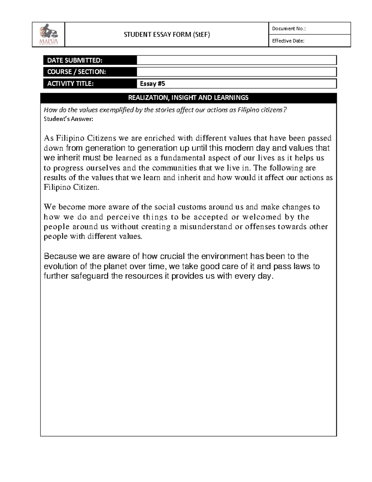Form - NSTP100 Essay #5 - STUDENT ESSAY FORM (StEF) Document No ...