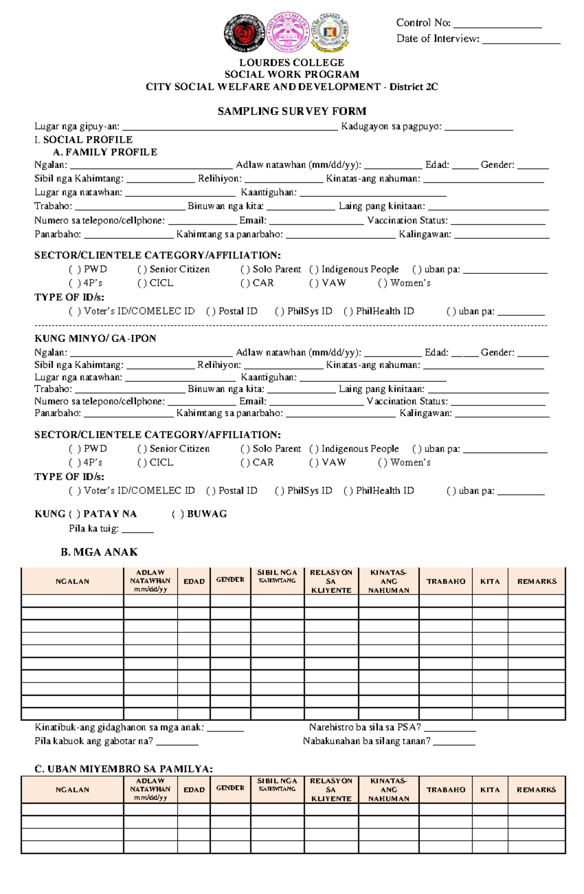 District 2-C Survey Form - LOURDES COLLEGE SOCIAL WORK PROGRAM CITY ...