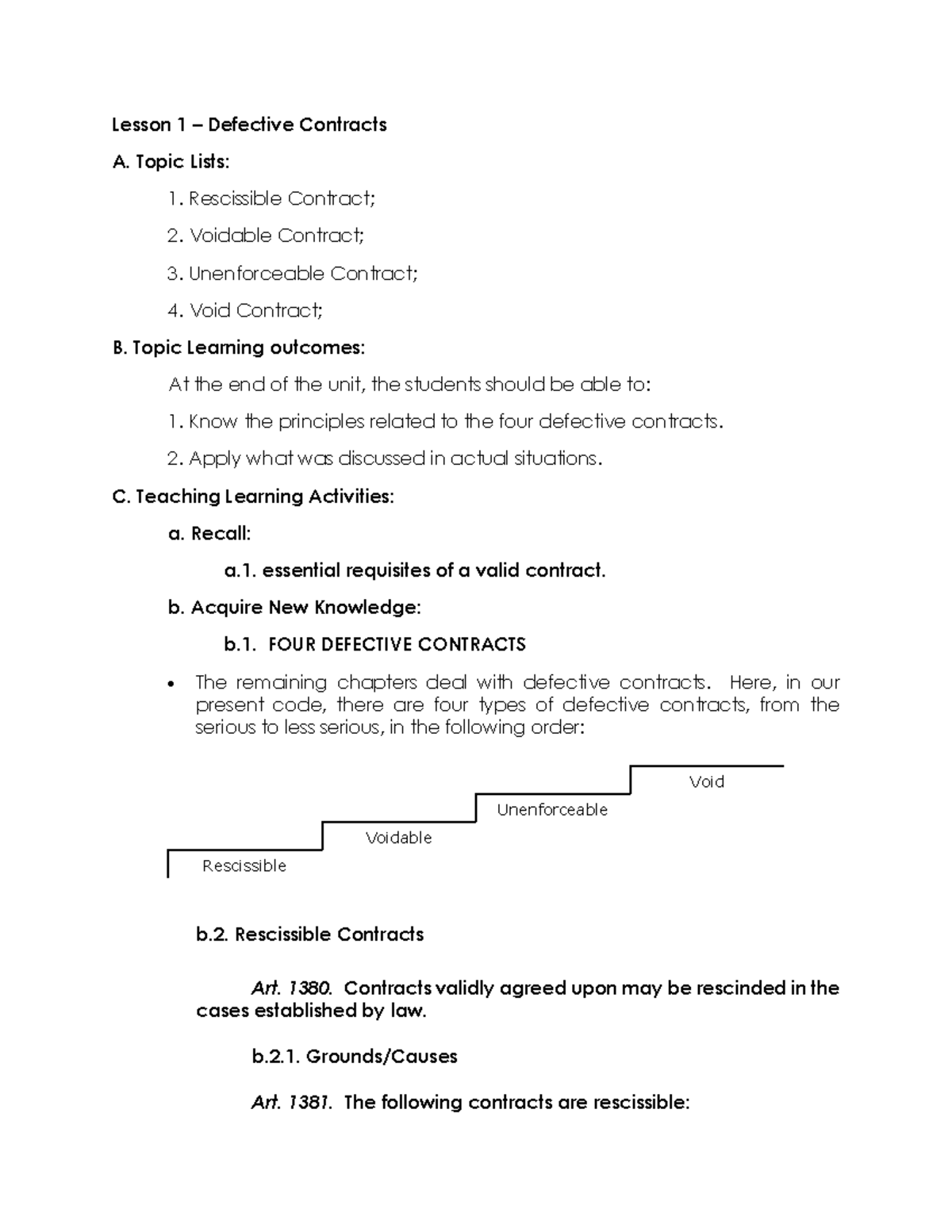 Defective Contracts - OBLICON - Lesson 1 – Defective Contracts A. Topic Lists: Rescissible ...