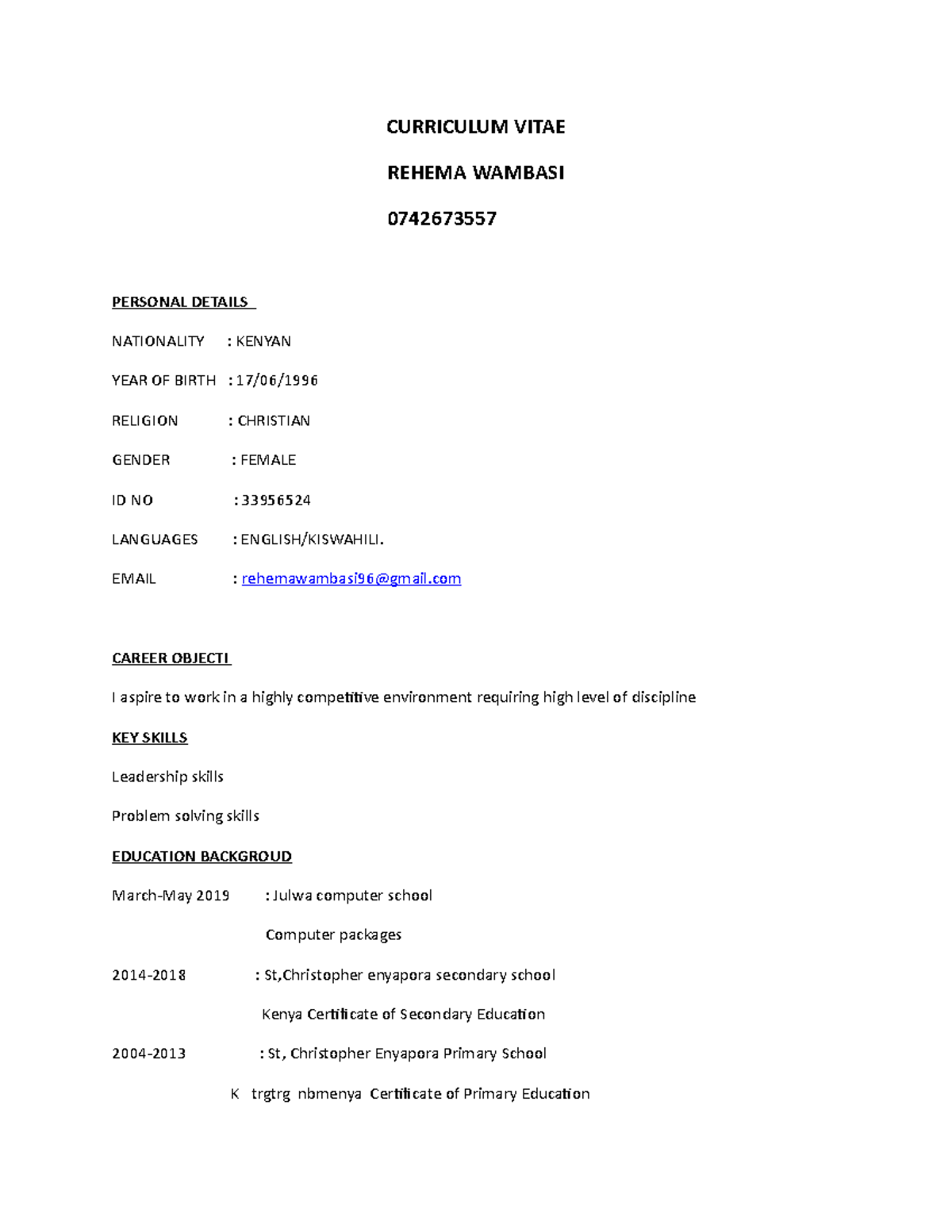 CURRICULUM VITAE - CURRICULUM VITAE REHEMA WAMBASI 0742673557 PERSONAL ...
