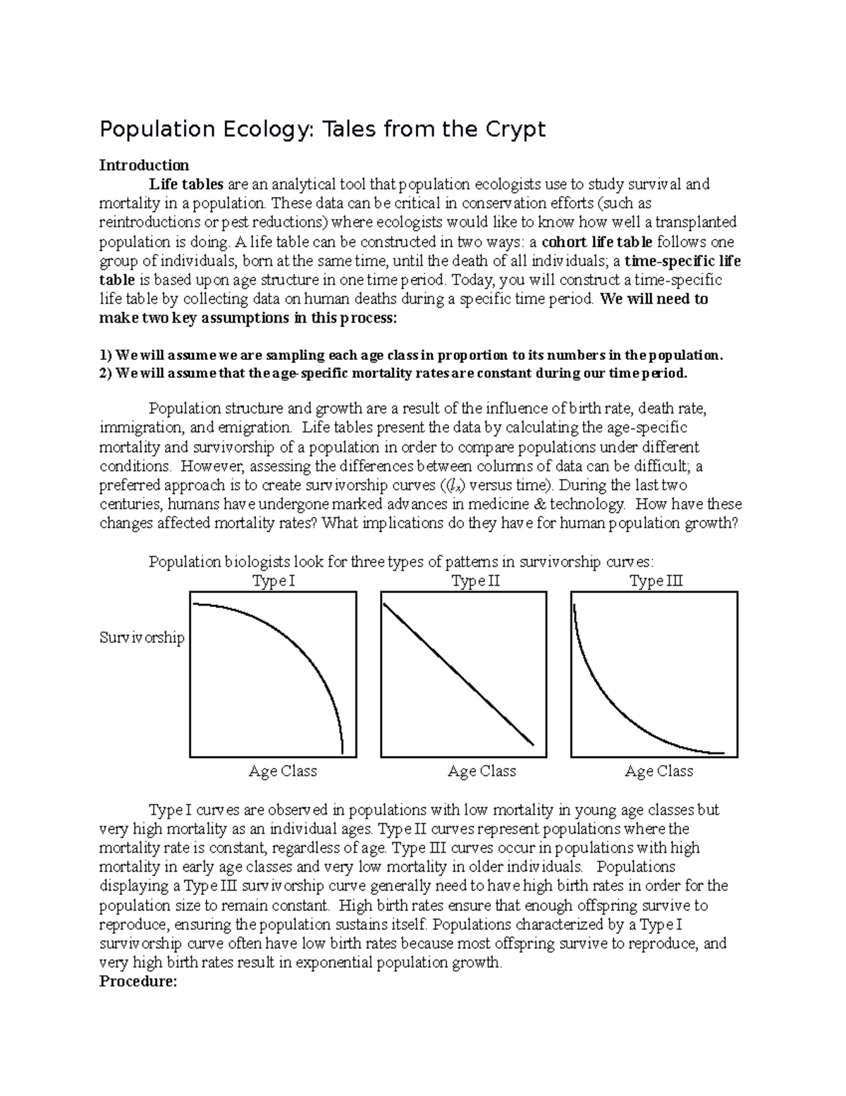Population Ecology Document - Population Ecology: Tales from the Crypt ...