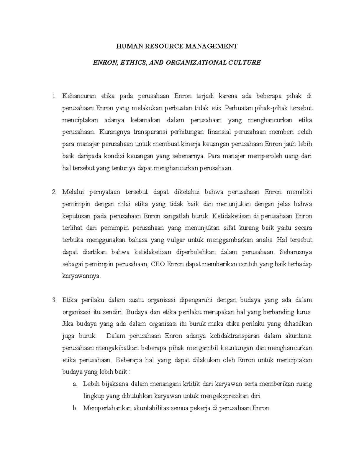 Enron, Ethics, AND Organizational Culture - HUMAN RESOURCE MANAGEMENT ...