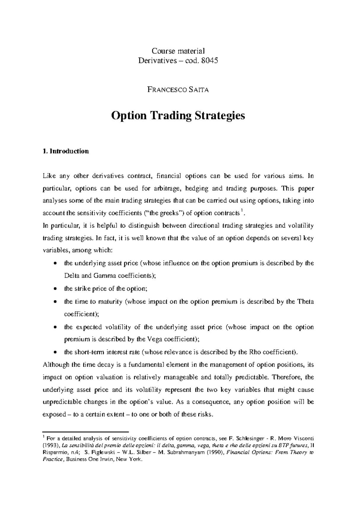 Option trading teaching note - Course material Derivatives – cod. 8045 ...