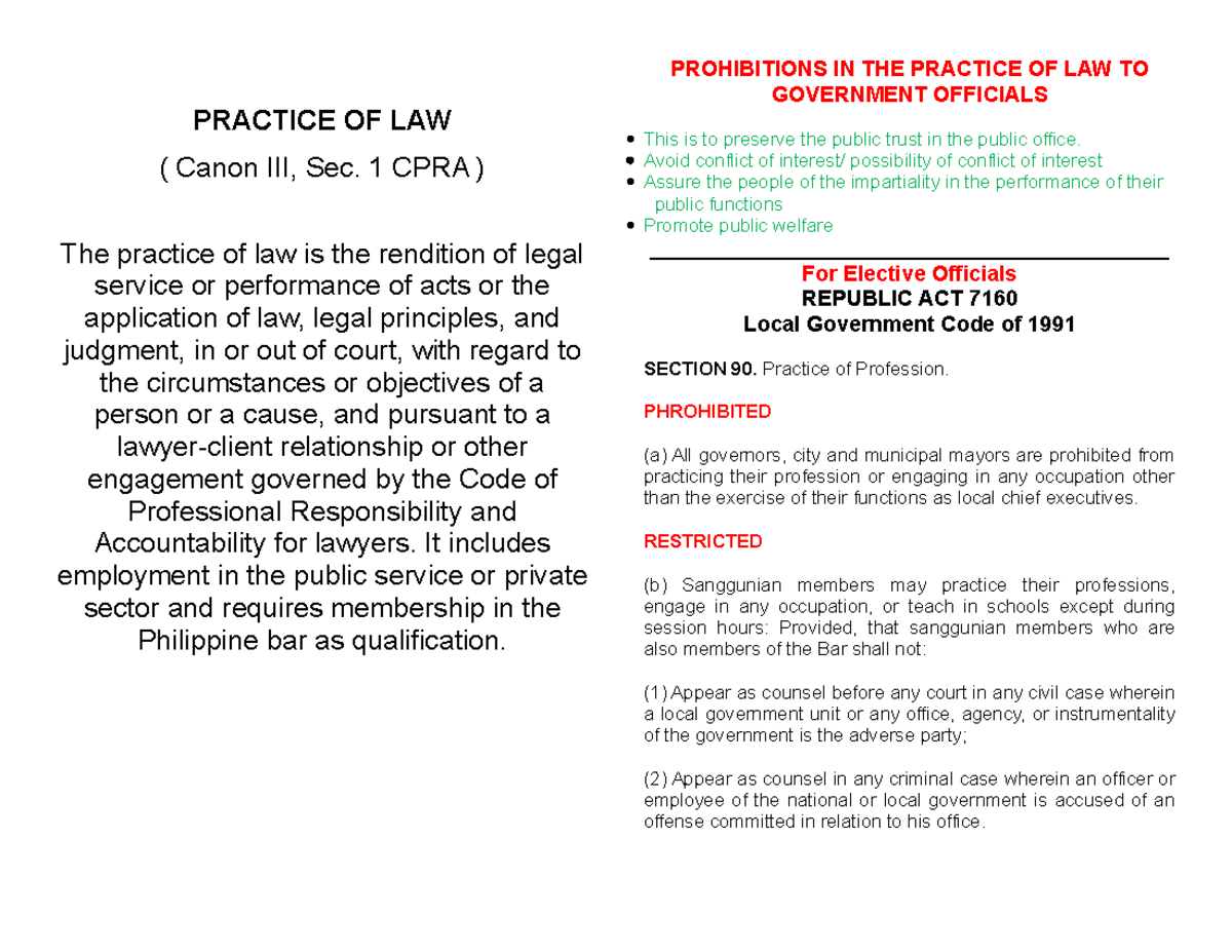 Exemptions in the practice of Law - PRACTICE OF LAW ( Canon III, Sec. 1 ...