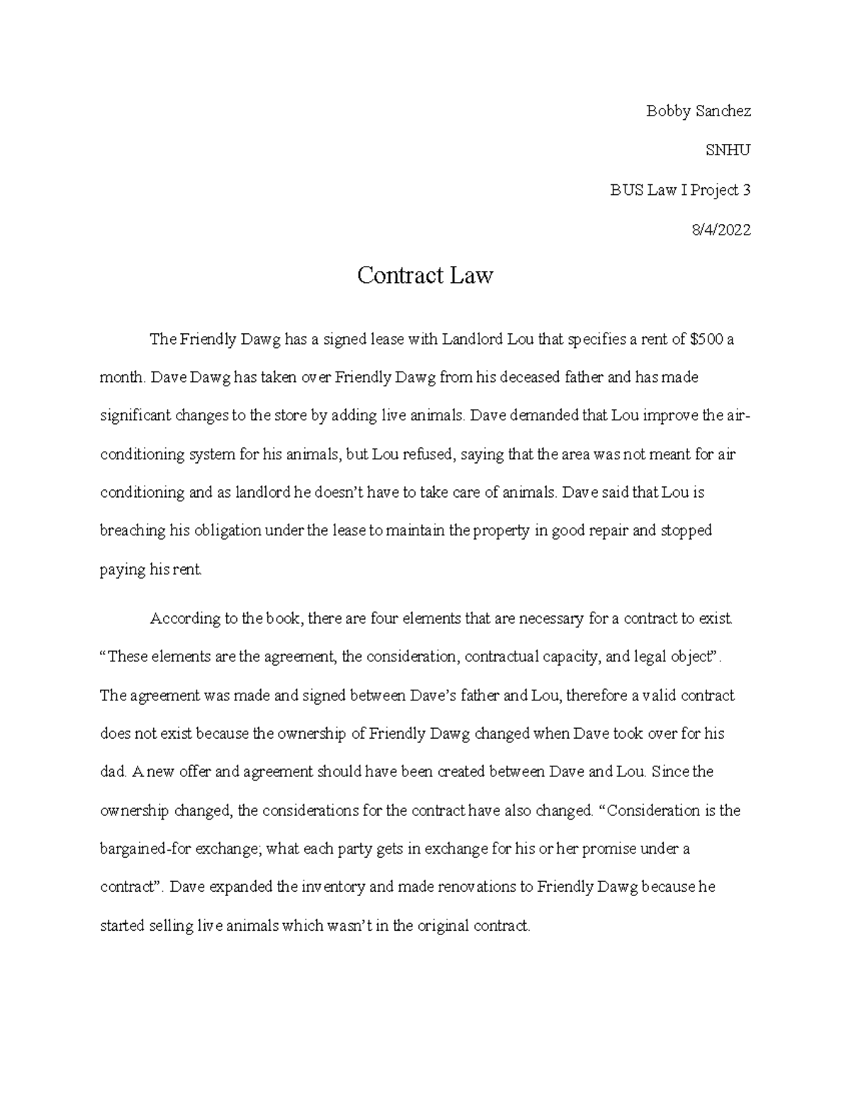 Contract+Law - scenario about contract law - Bobby Sanchez SNHU BUS Law ...