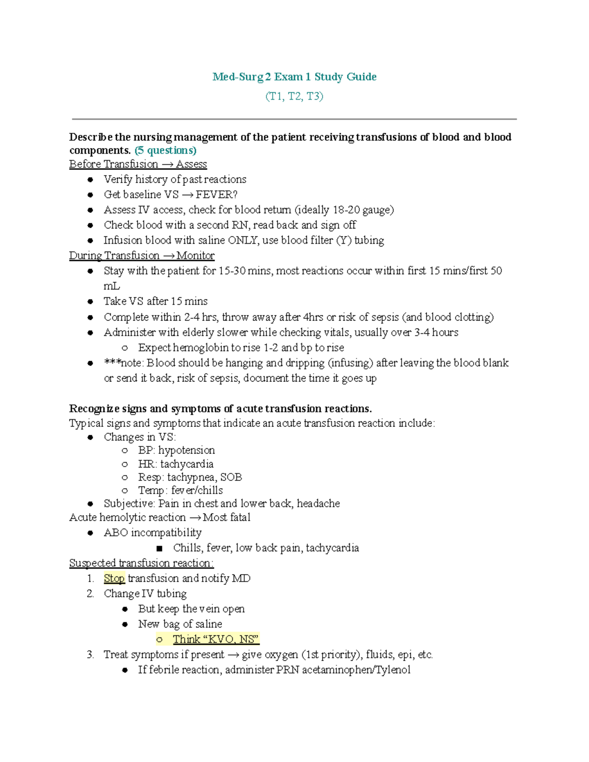 Exam 1 medsurg 2 study guide - Med-Surg 2 Exam 1 Study Guide (T1, T2 ...