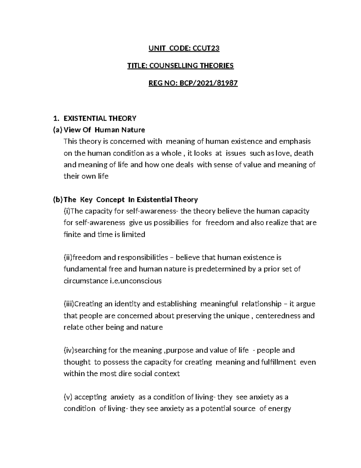 C Theories - UNIT CODE: CCUT TITLE: COUNSELLING THEORIES REG NO: BCP ...