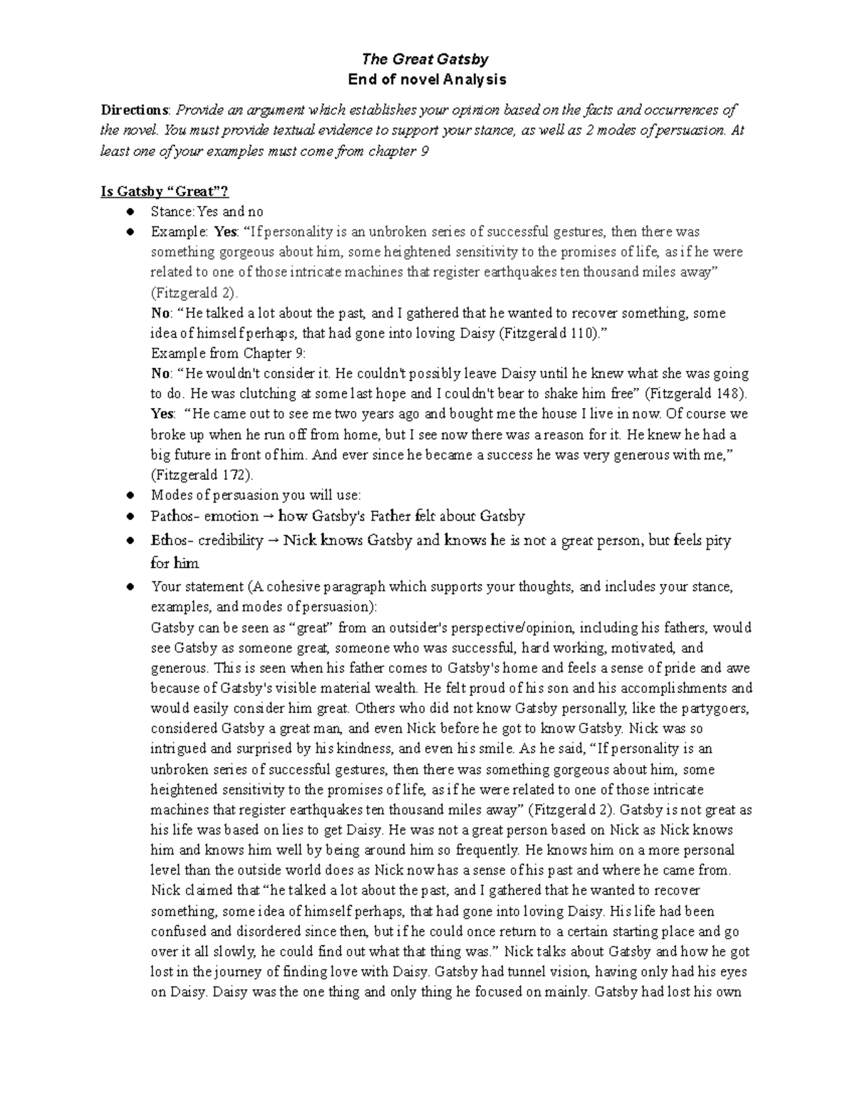 Cameron O'Malley - The Great Gatsby - End of novel Analysis - Studocu