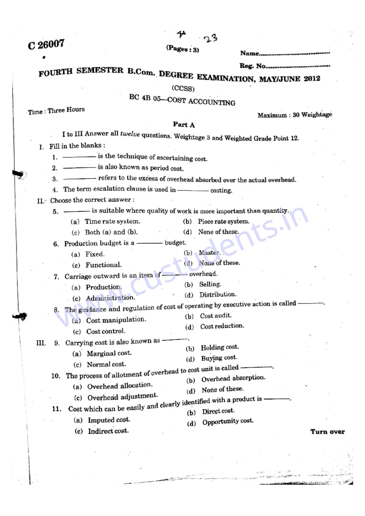 COST Accounting Question Paper B - Ba /BBA/BCom calicut university ...