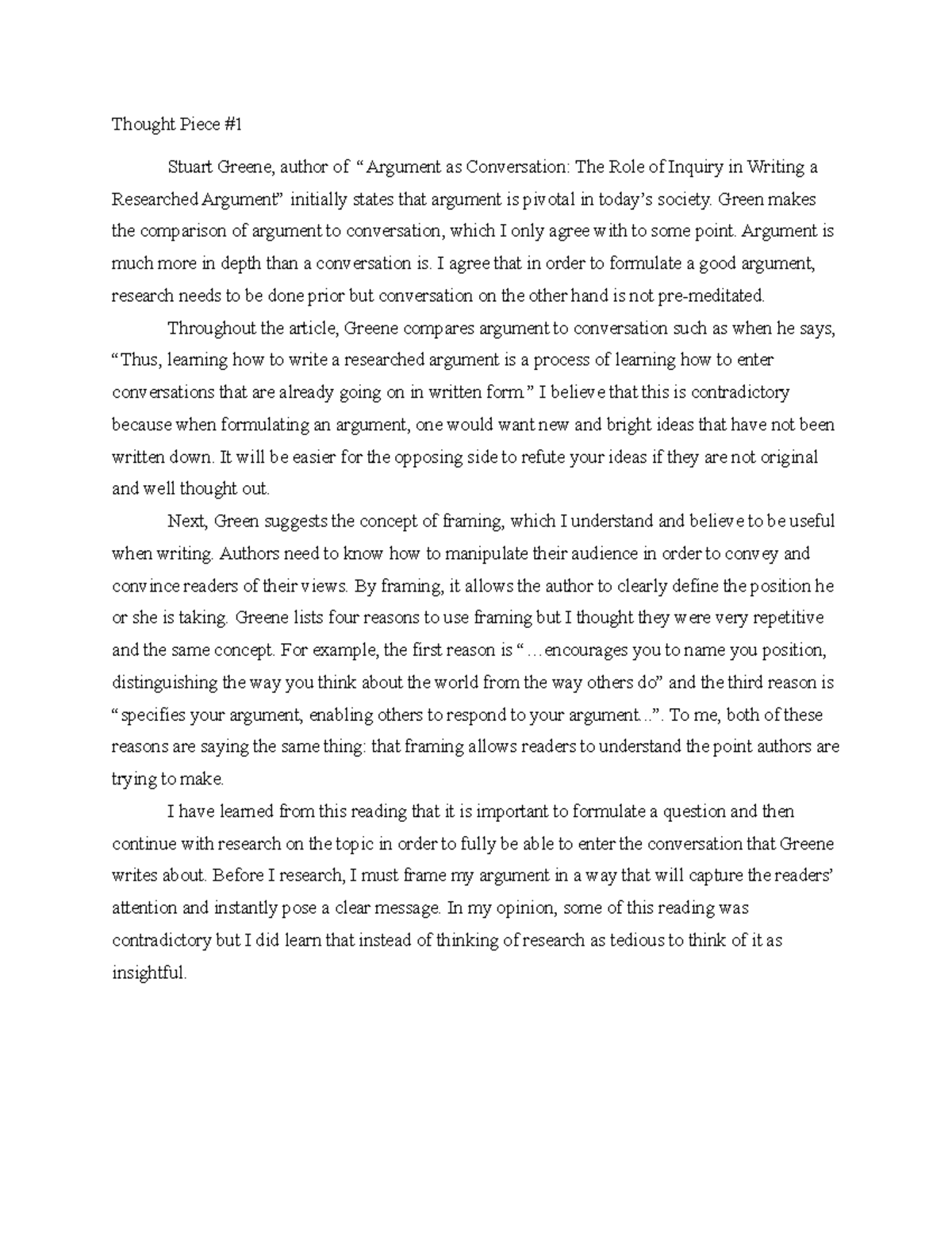 Thought Piece 1-Stuart Greene - Green makes the comparison of argument ...