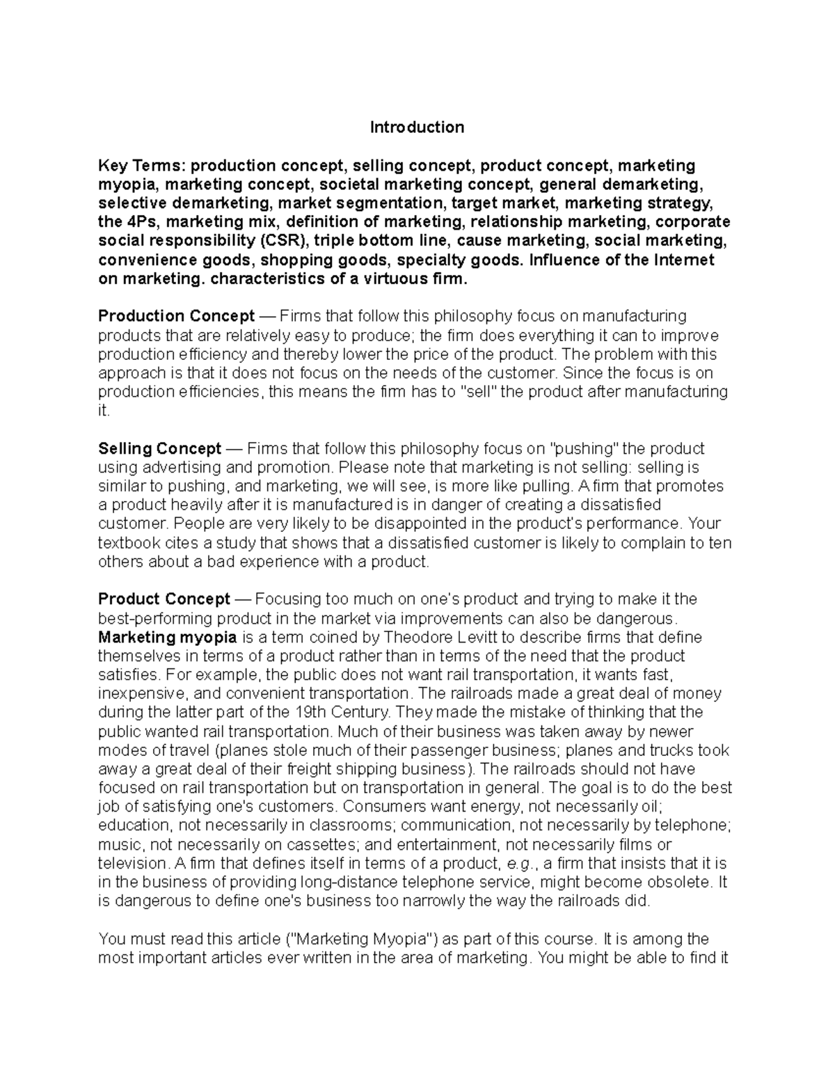 Topic 01 Introduction Lecture Notes 1 Introduction Key Terms Production Concept Selling