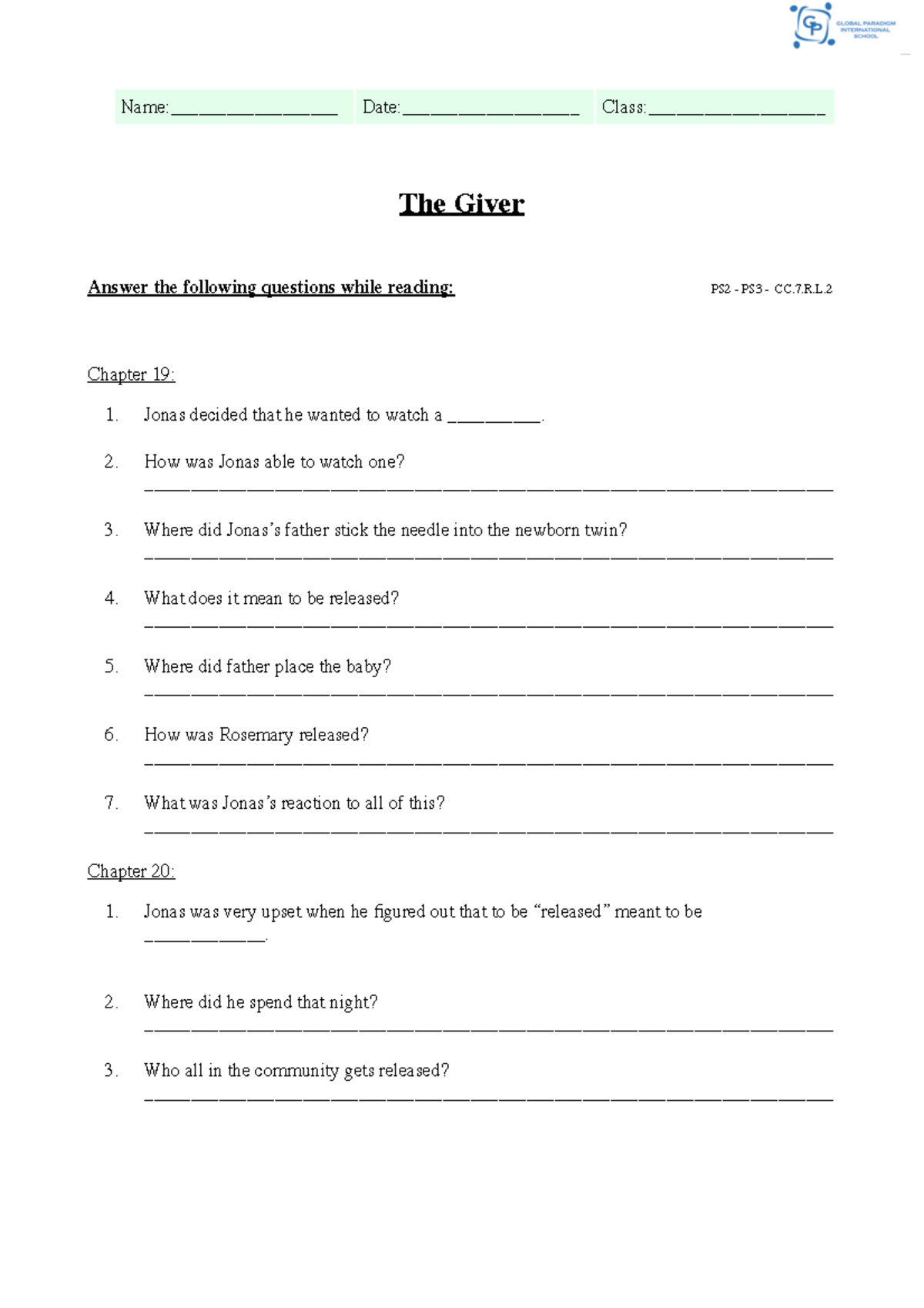 The Giver - Study Guide 10 - The Giver Answer the following questions ...