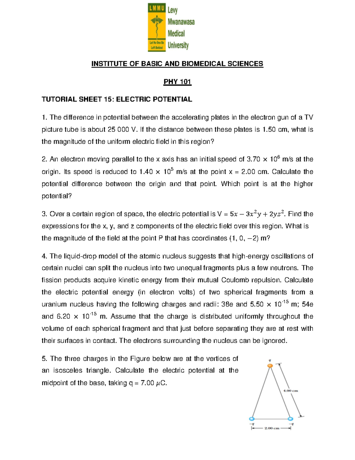 Tutorial Sheet 15 - Electrical potential - Warning: TT: undefined function: 32 INSTITUTE OF ...