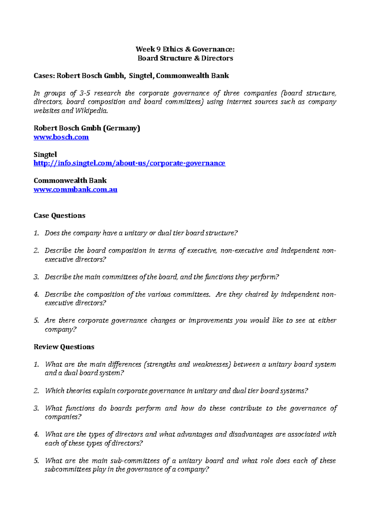 Week 9 E&G Exercise+CBA - Week 9 Ethics & Governance: Board Structure ...