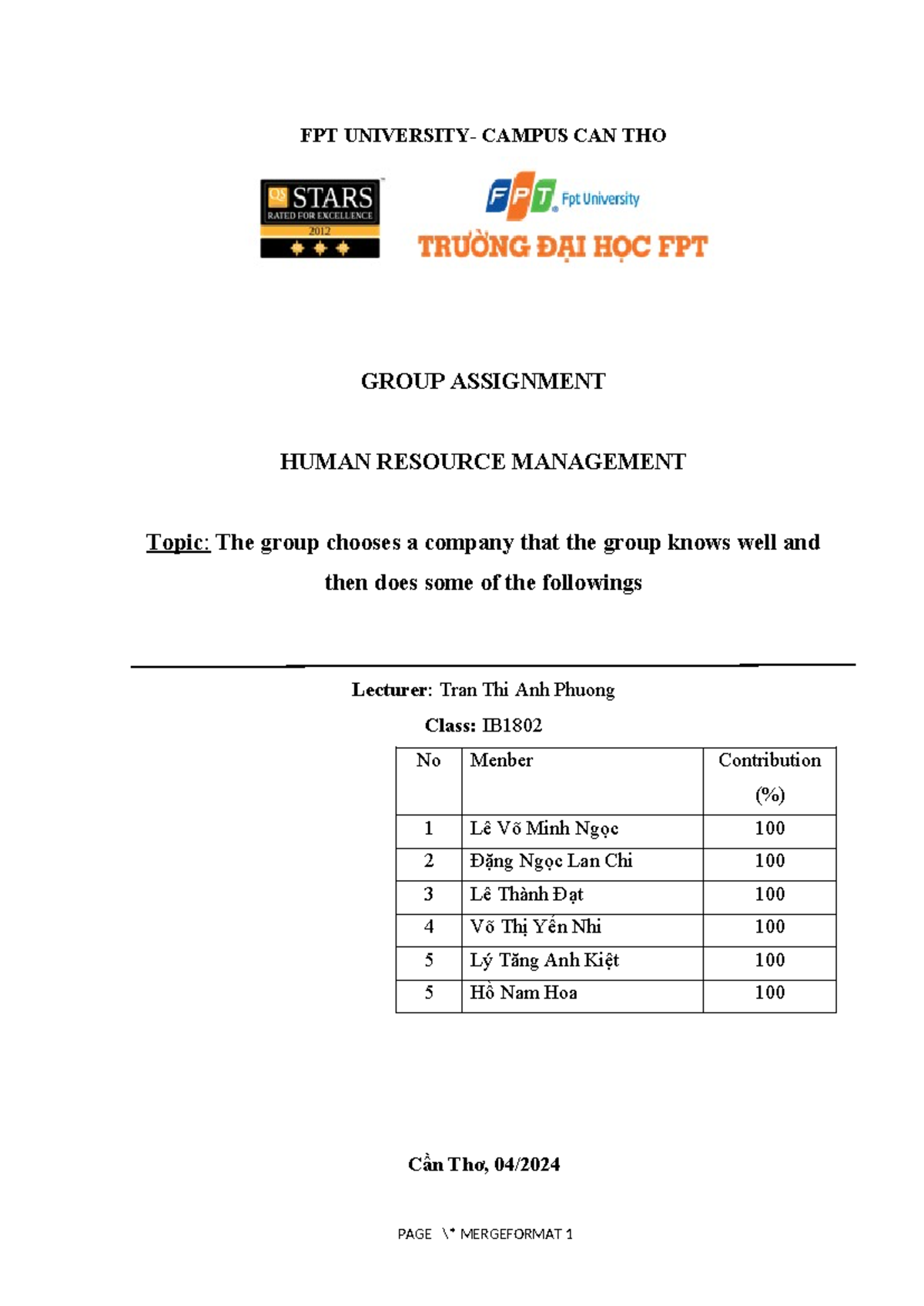 MẪU Trang BÌA - Study - FPT UNIVERSITY- CAMPUS CAN THO GROUP ASSIGNMENT ...