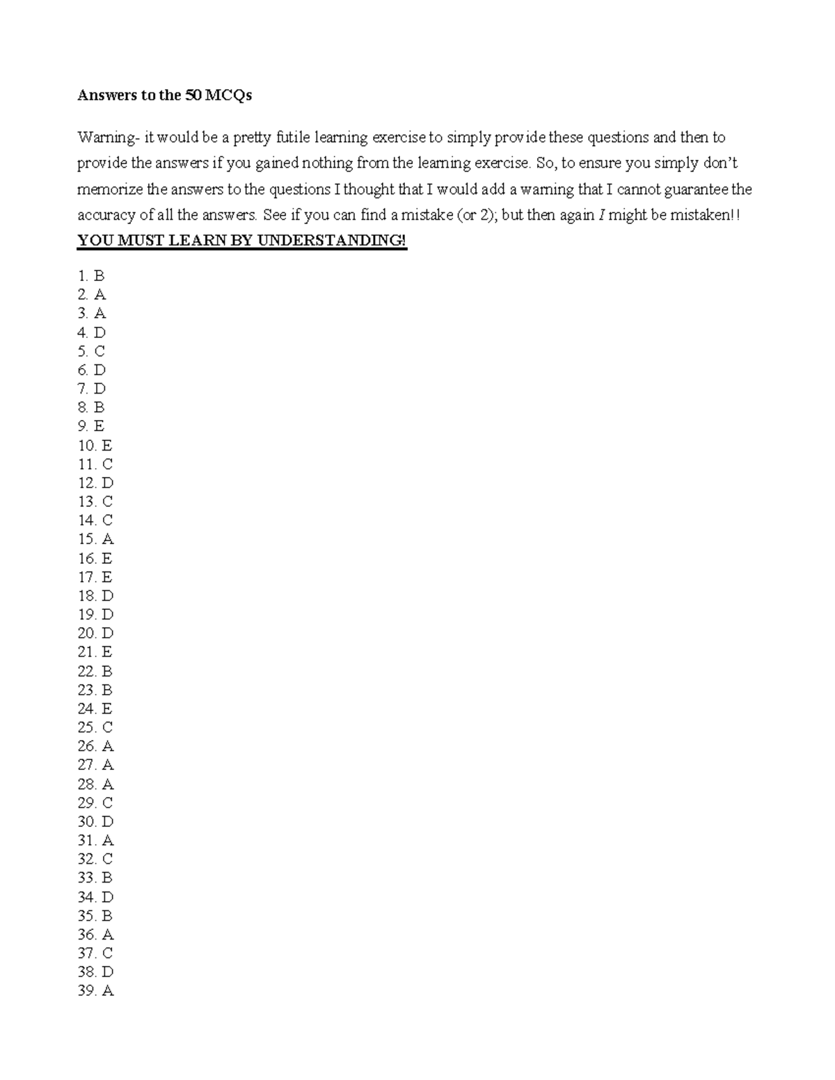Answers to 50 practice BM1000 MCQs - Answers to the 50 MCQs it would be ...