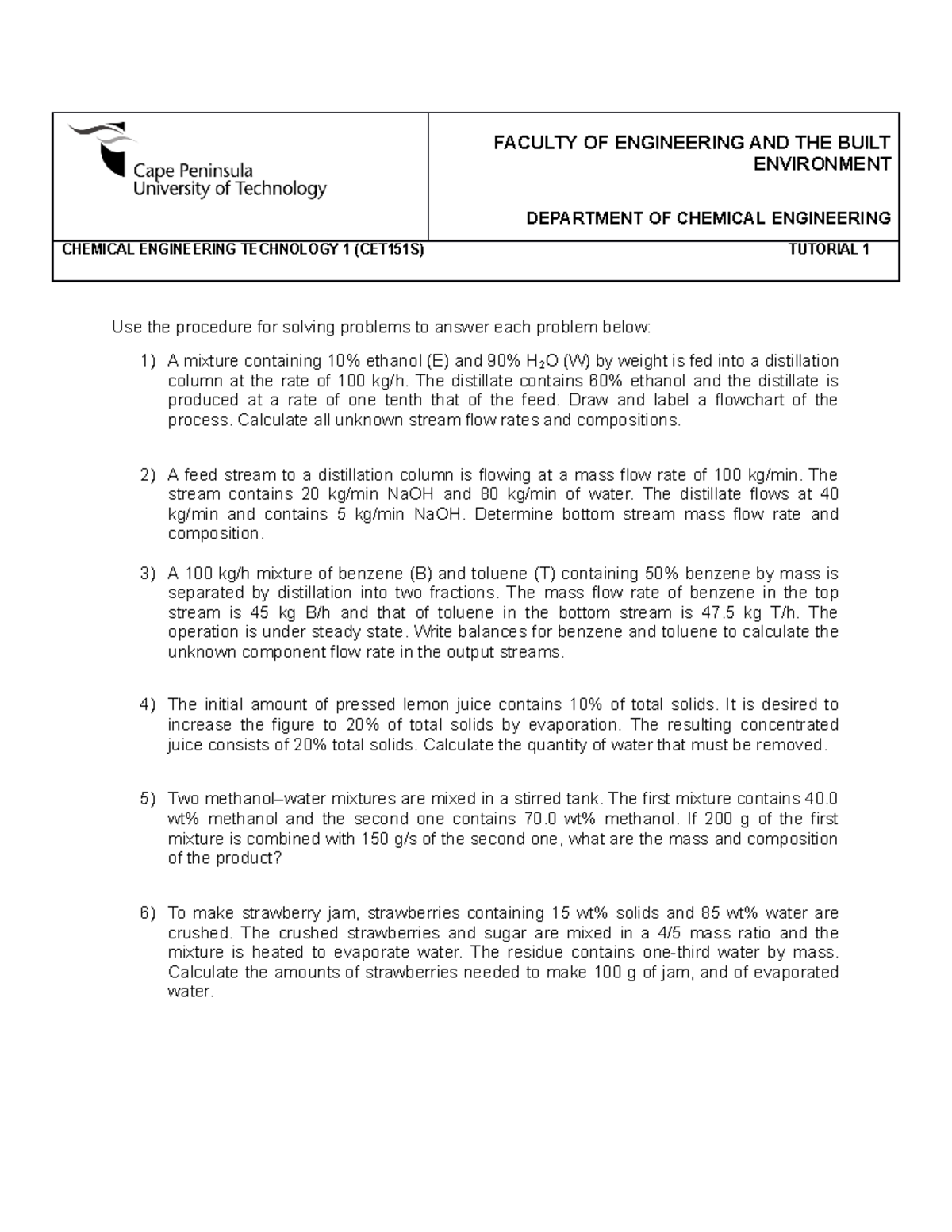 Tutorial 1 CET - FACULTY OF ENGINEERING AND THE BUILT ENVIRONMENT ...