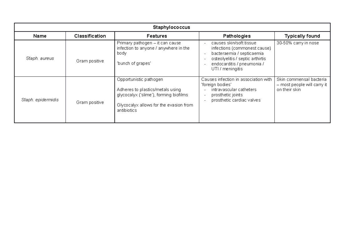 Bacterial classication - Staphylococcus Name Classification Features ...