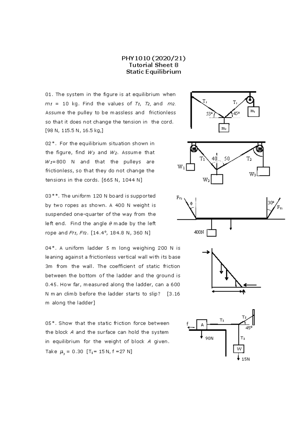 PHY1010 Tut 8 Equilibrium - PHY1010 (2020/21) Tutorial Sheet 8 Static ...