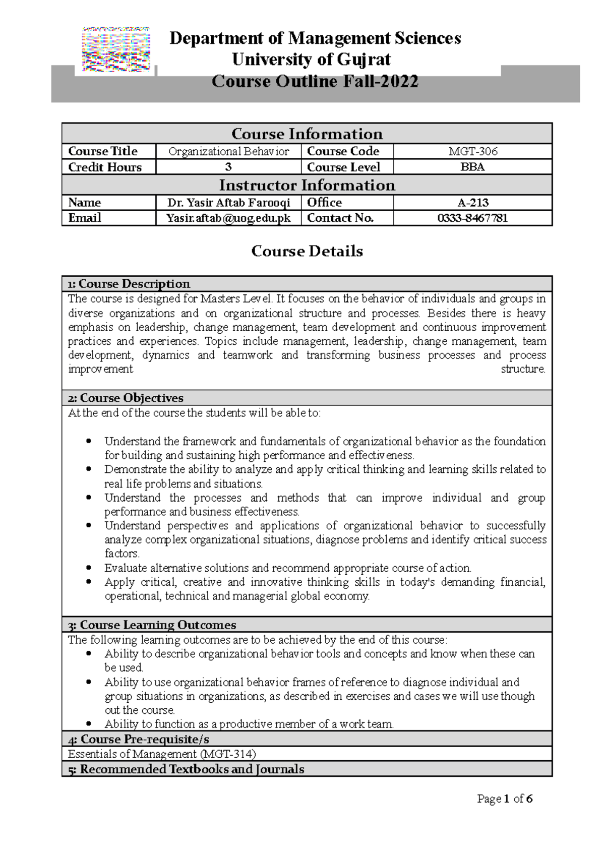 MGT-306 - Course Information Course Title Organizational Behavior ...