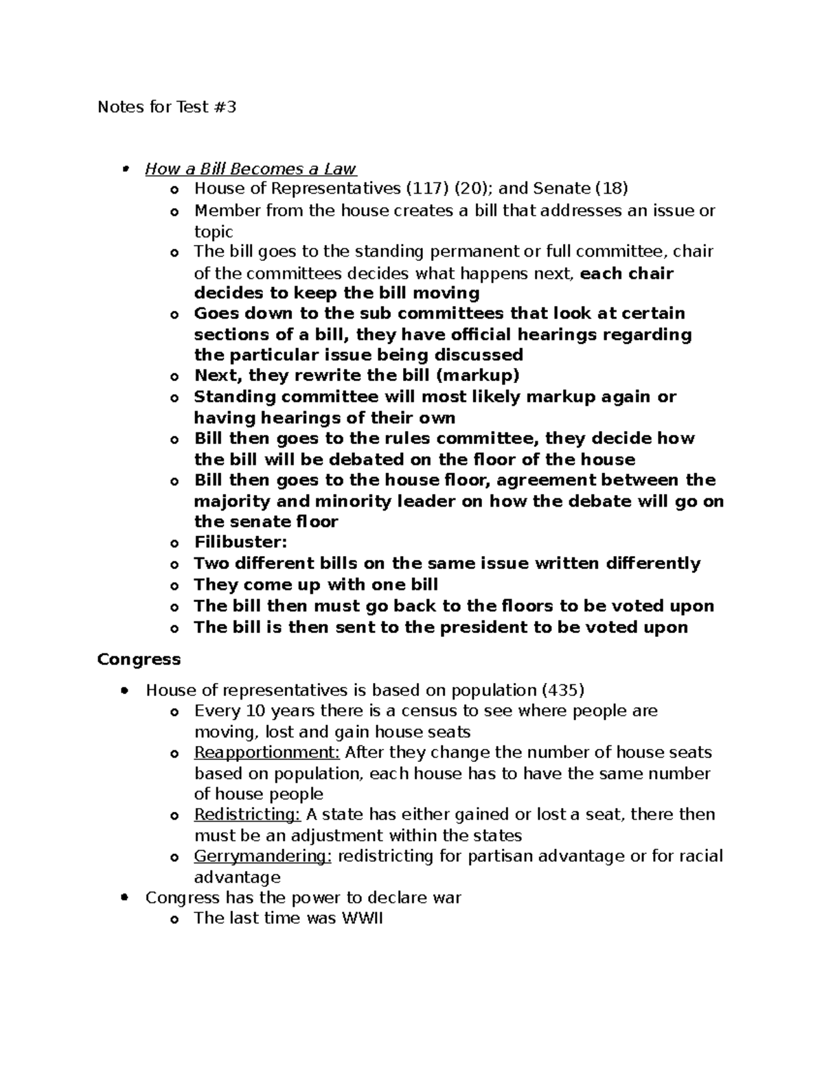 Notes. Test 3 - Notes for Test # How a Bill Becomes a Law o House of ...