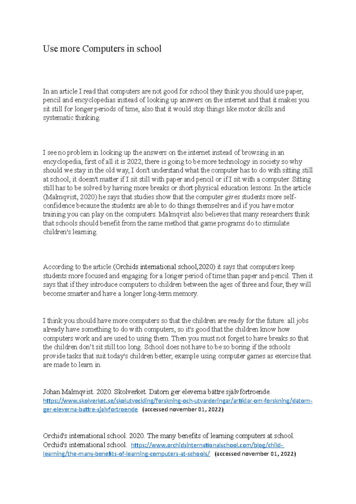 Debate Article - good - Use more Computers in school In an article I ...