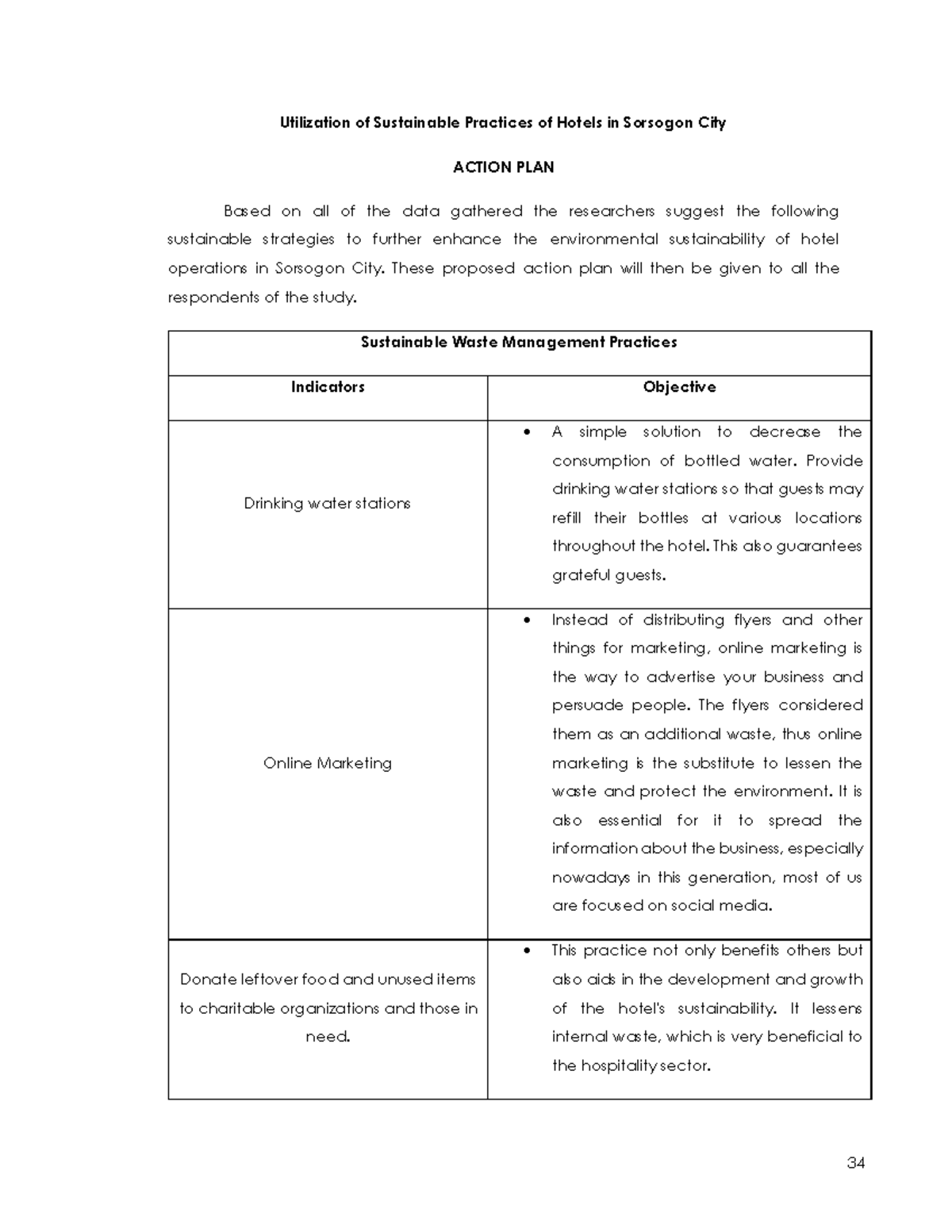 Action plan - Utilization of Sustainable Practices of Hotels in ...
