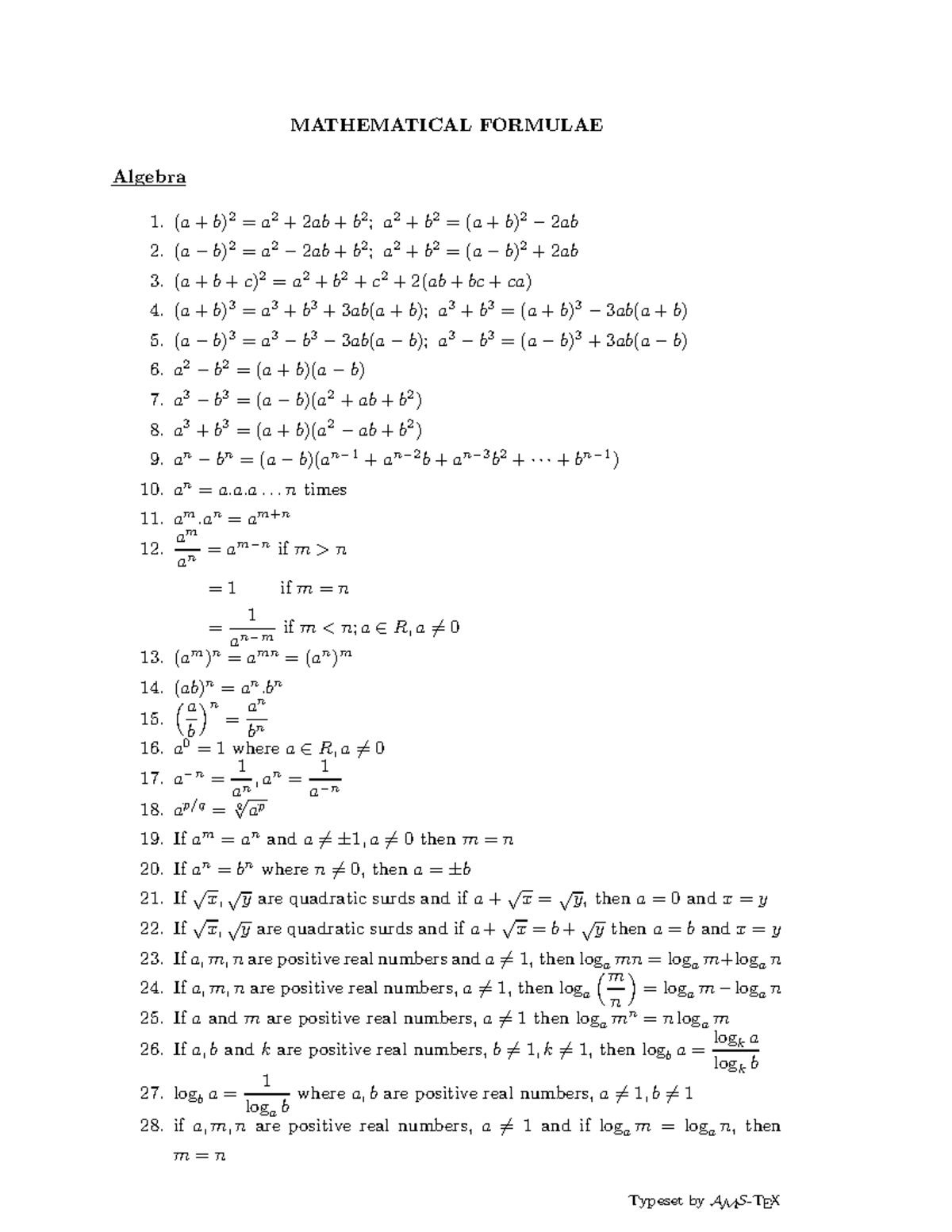 Important Formulas - MATHEMATICAL FORMULAE Algebra (a + b) 2 = a 2 ...