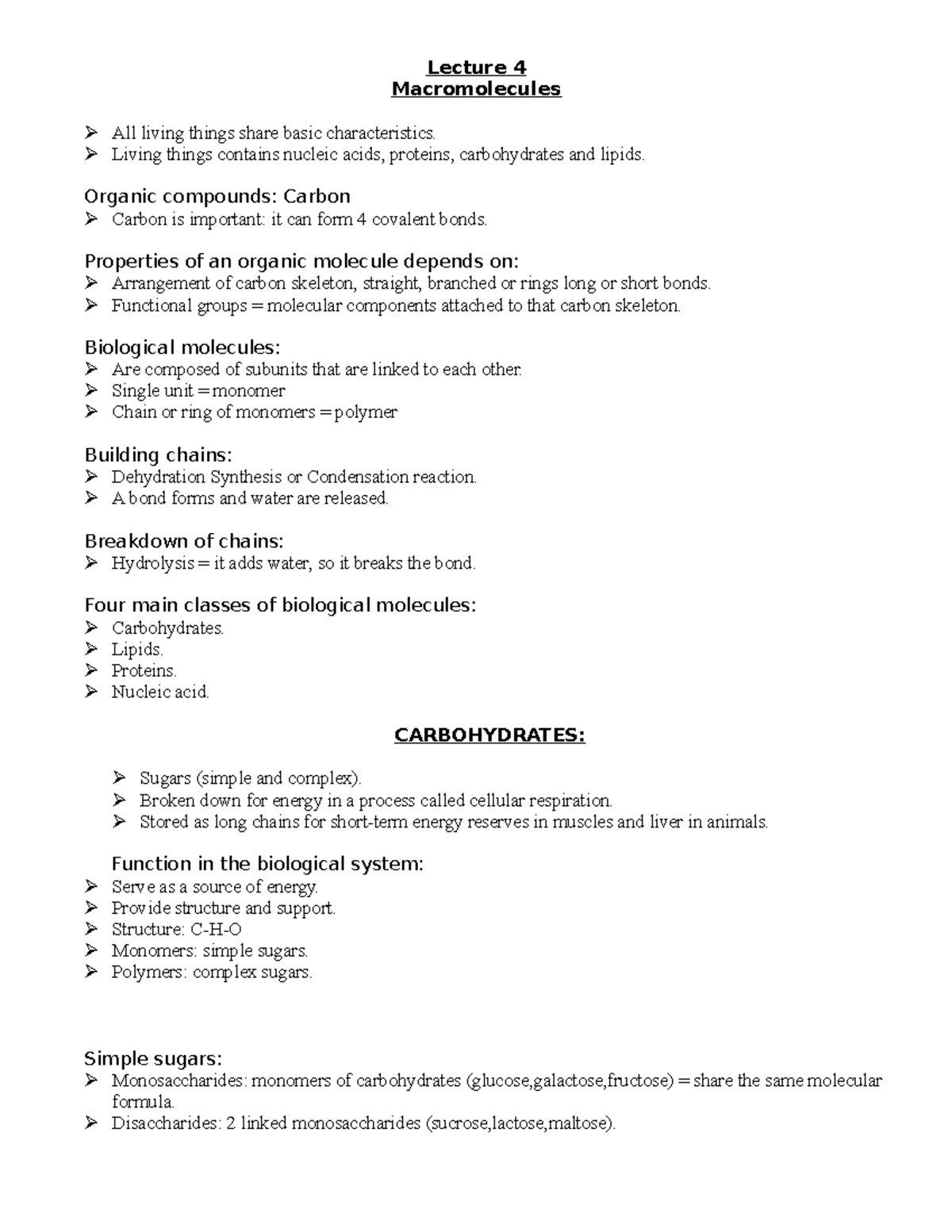 Lecture 4 Review PACK - Lecture 4 Macromolecules All living things ...