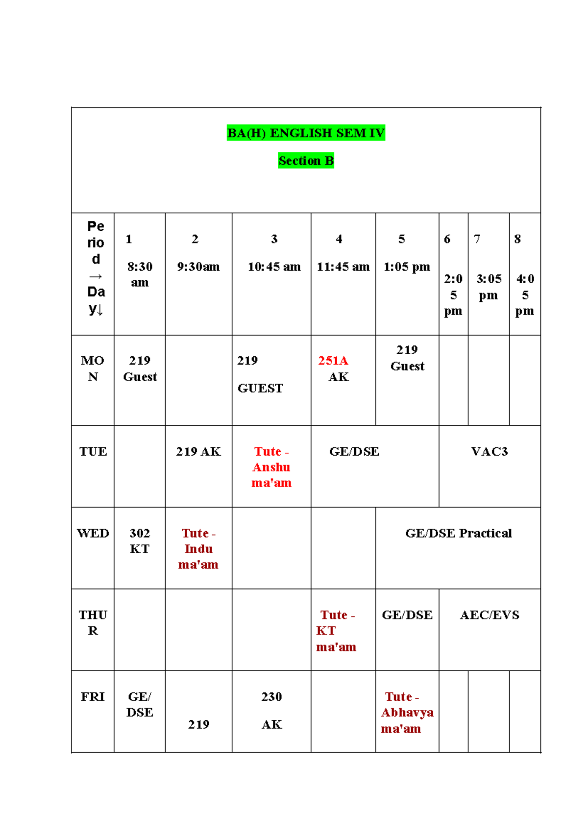 Sem 4 timetable with tute schedule - BA(H) ENGLISH SEM IV Section B Pe rio d → Da y↓ 1 8: am 2 ...