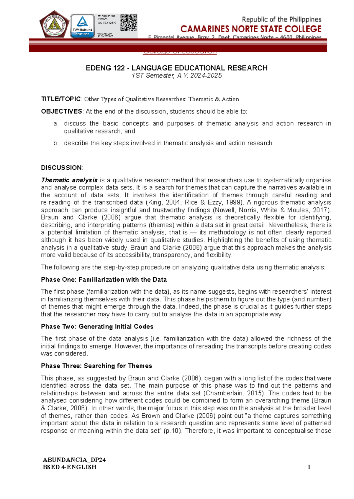 Thematic Analysis and Action Research - EDENG 122 - LANGUAGE ...