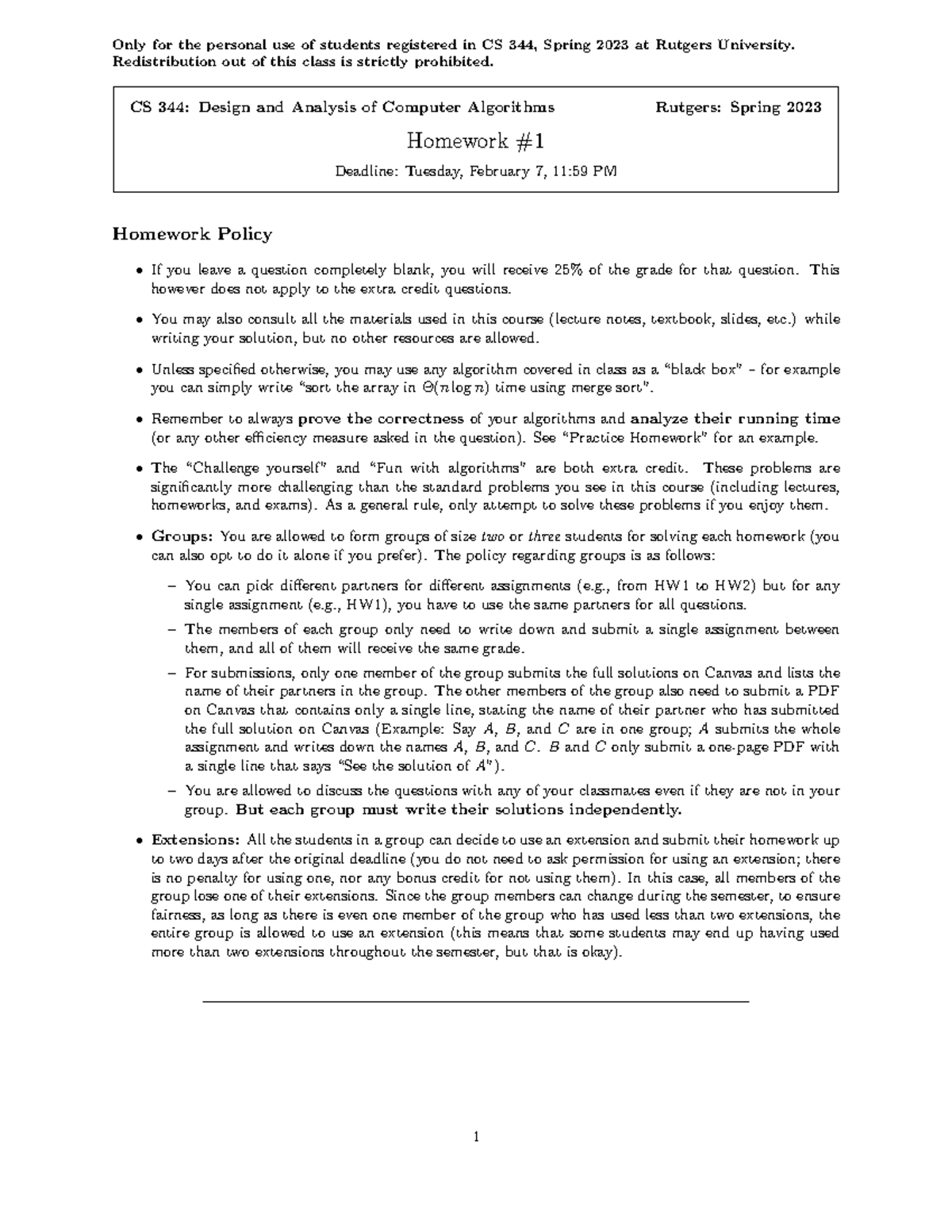 HW1 - hw1 - Redistribution out of this class is strictly prohibited. CS 344: Design and Analysis ...