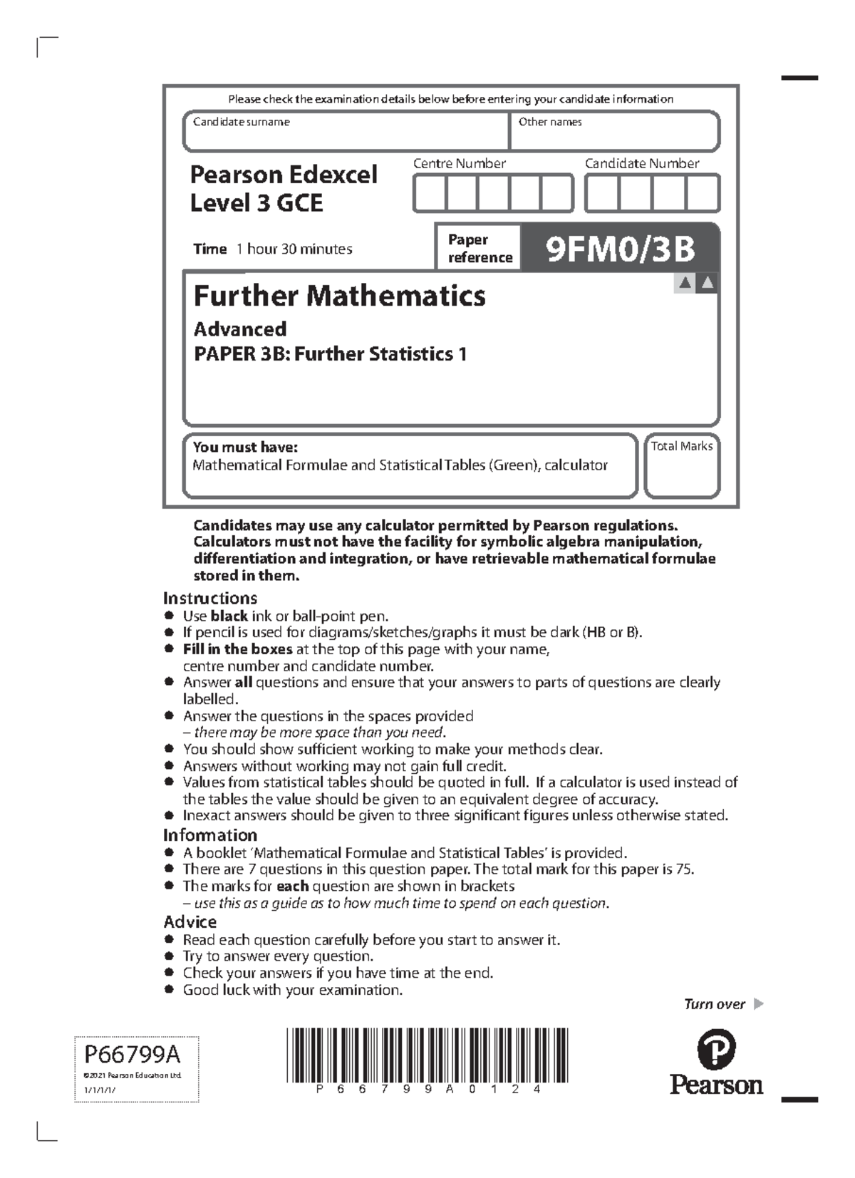 9FM0 3B que 20211016 - maths - P66799A0124 Turn over Pearson E d excel ...