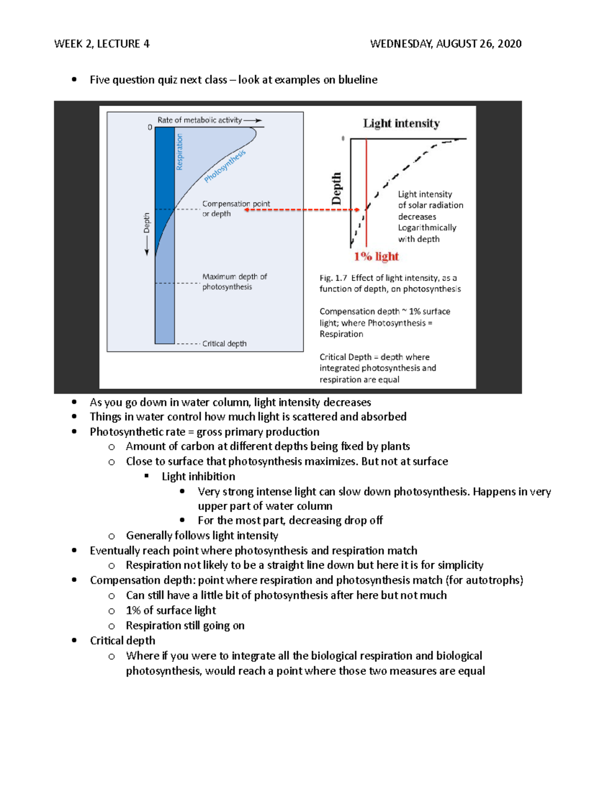 Lecture 4 Notes - Five question quiz next class – look at examples on ...