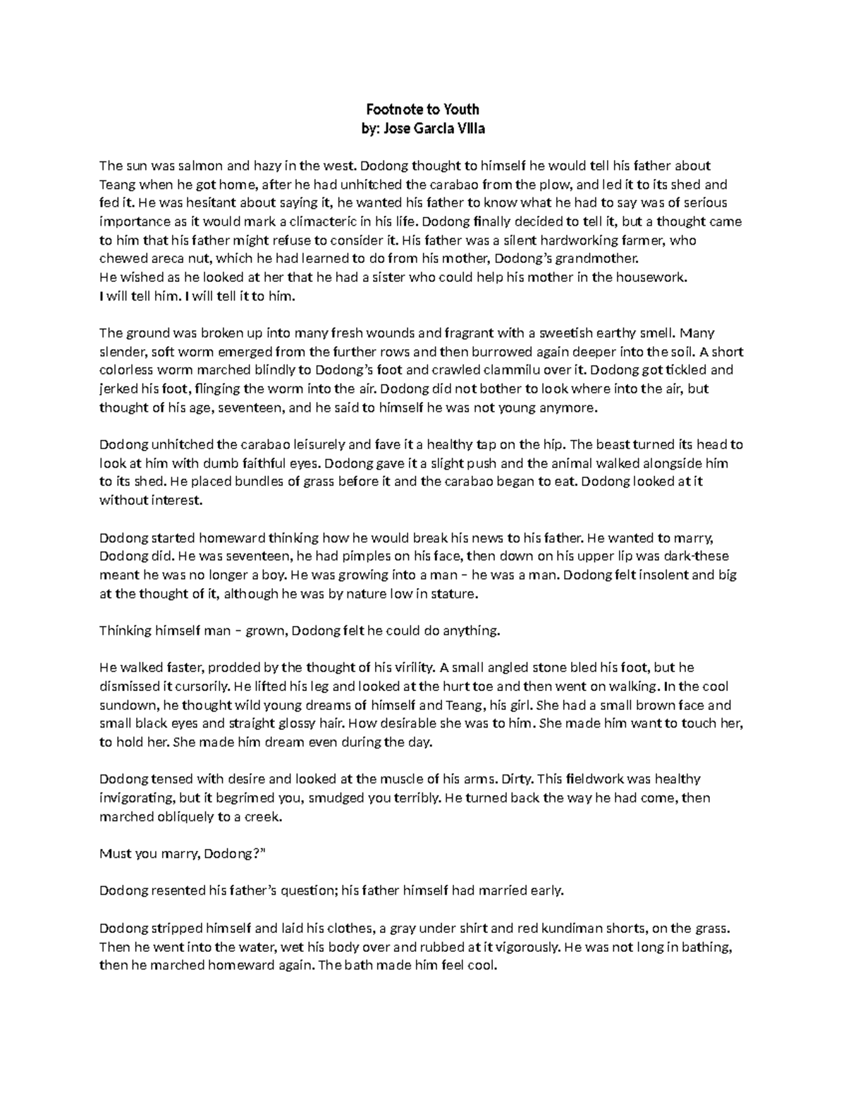 Footnote to Youth - Footnote to Youth by: Jose Garcia Villa The sun was ...