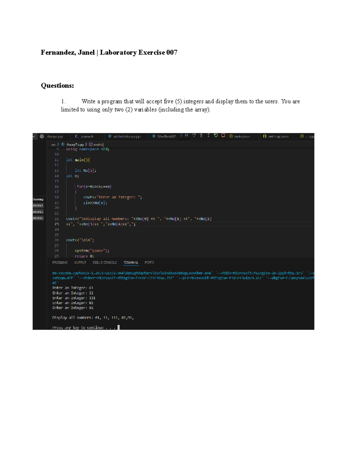 handling procedural laboratory exercise week 10 Computer programming - Fernandez, Janel ...