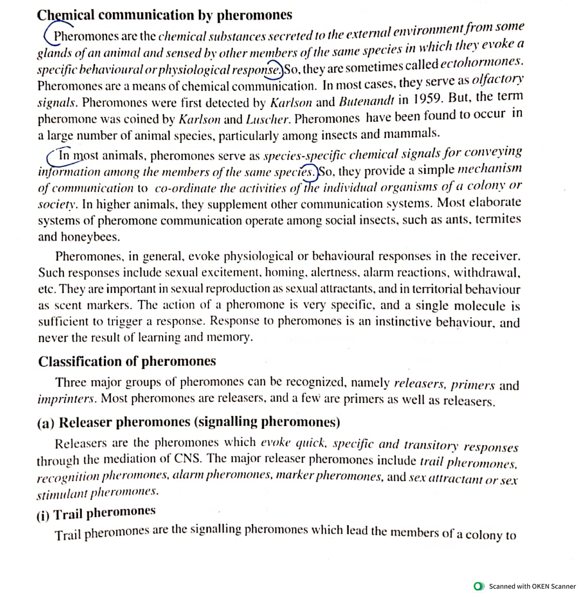 Chemical communication by pheromones, classification of pheromones ...