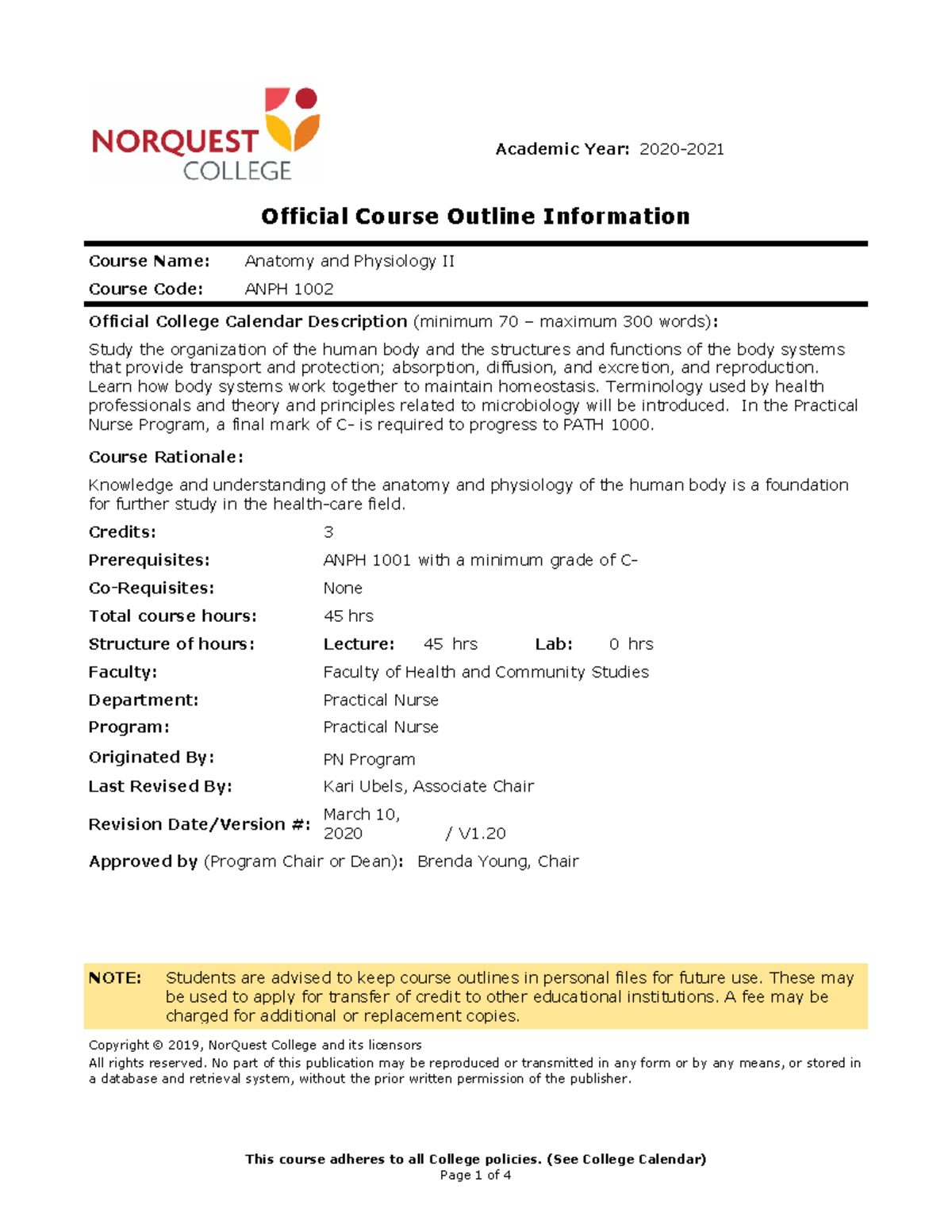 ANPH 1002 Course Outline V1 - This course adheres to all College ...