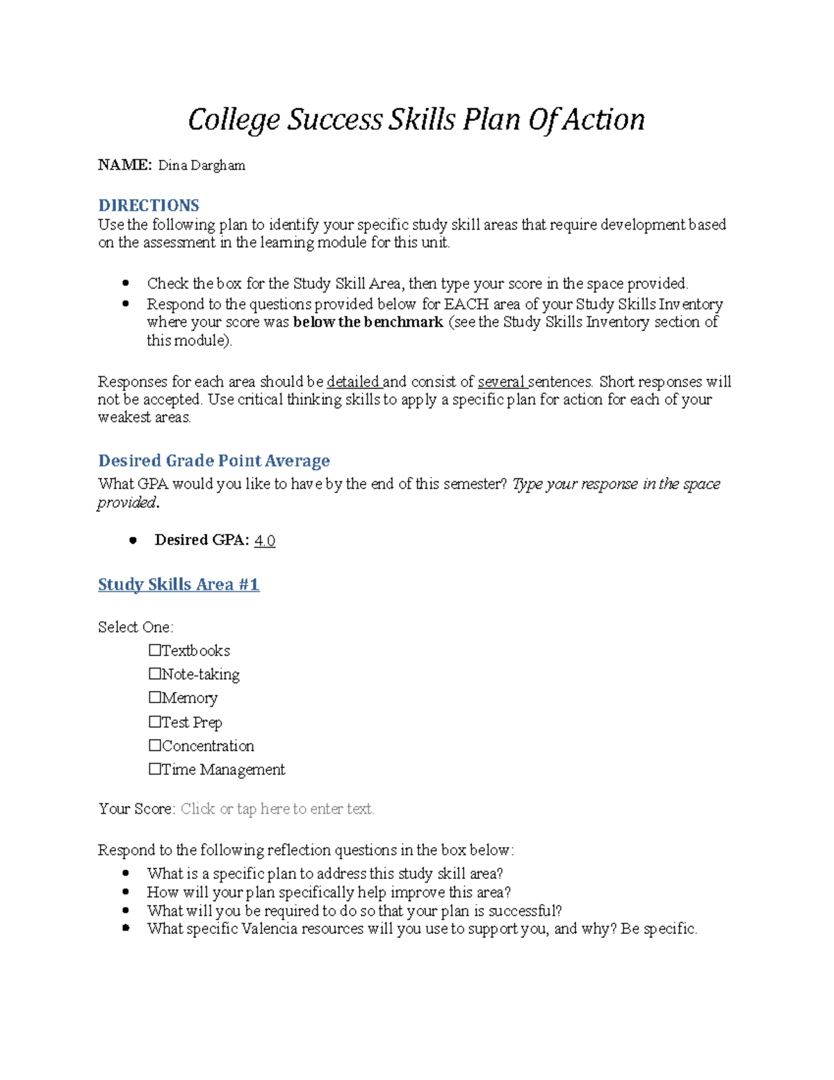 College Success Skills Plan of Action Form - College Success Skills ...