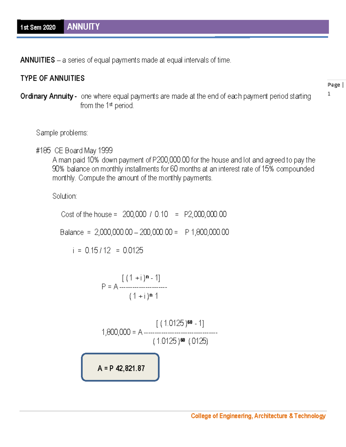 510541355 Annuities Sample Problems - Page | 1 ANNUITIES – a series of ...