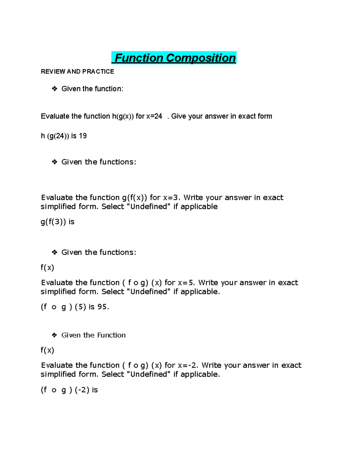 Function Composition - Function Composition REVIEW AND PRACTICE Given ...