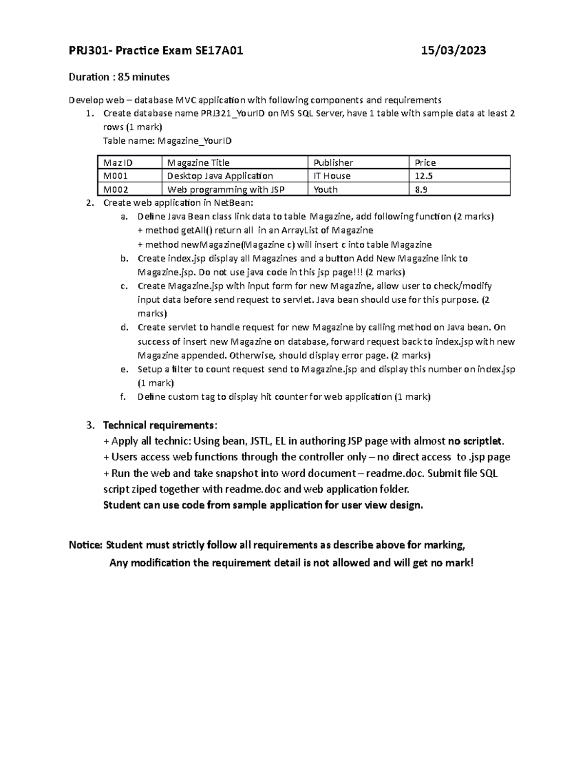 PRJ301 Practical Exam - PracticeExam Sample - PRJ301- Practice Exam ...