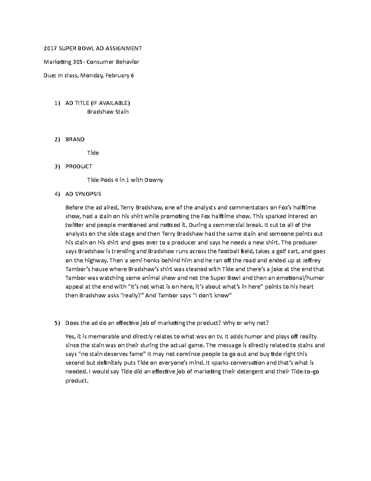 2017 Super BOWL AD Assignment - 2017 SUPER BOWL AD ASSIGNMENT Marketing ...