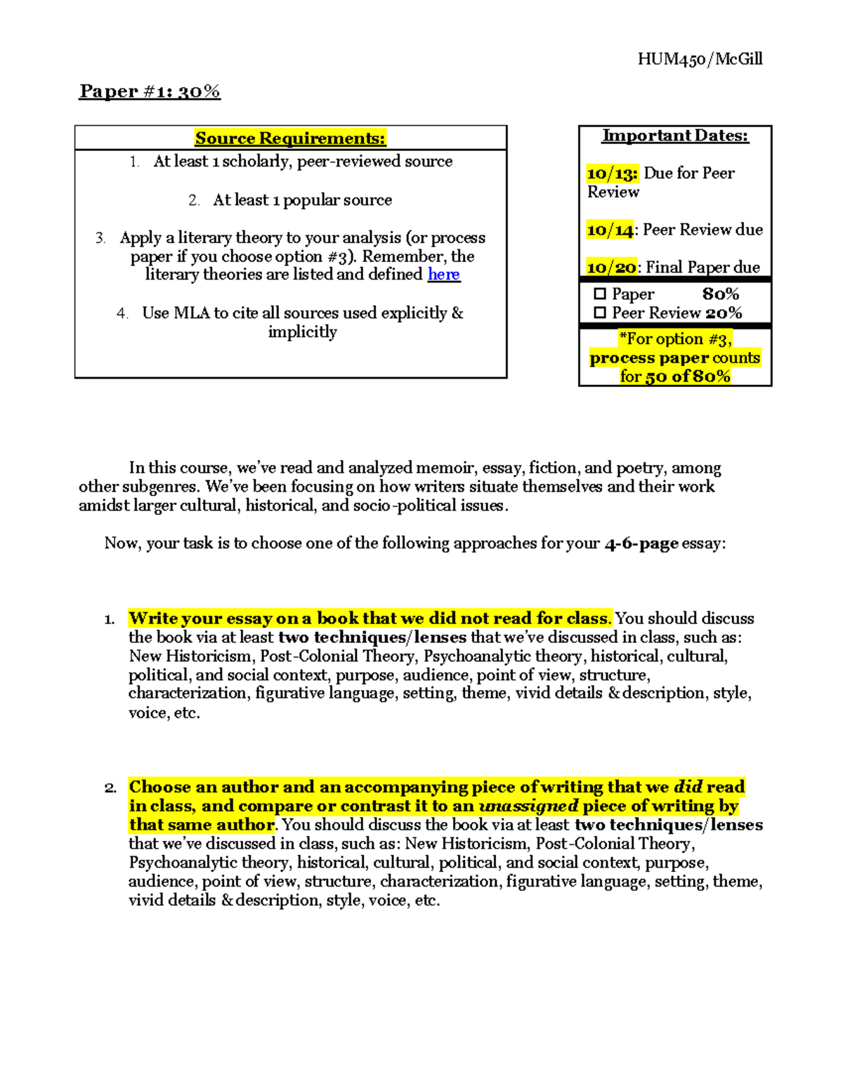 Paper 1 HUM450 Fall 2020 - HUM450/McGill Paper #1: 30% In this course ...