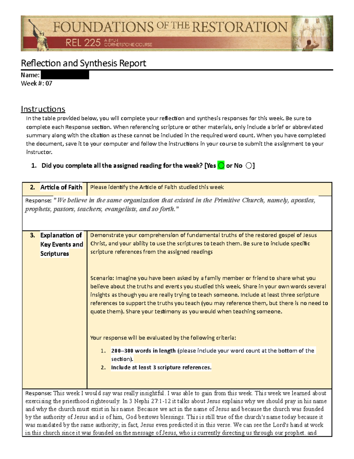 REL225C W07 Reflection And Synthesis - Reflection and Synthesis Report Name: Lauren Dulgarian ...