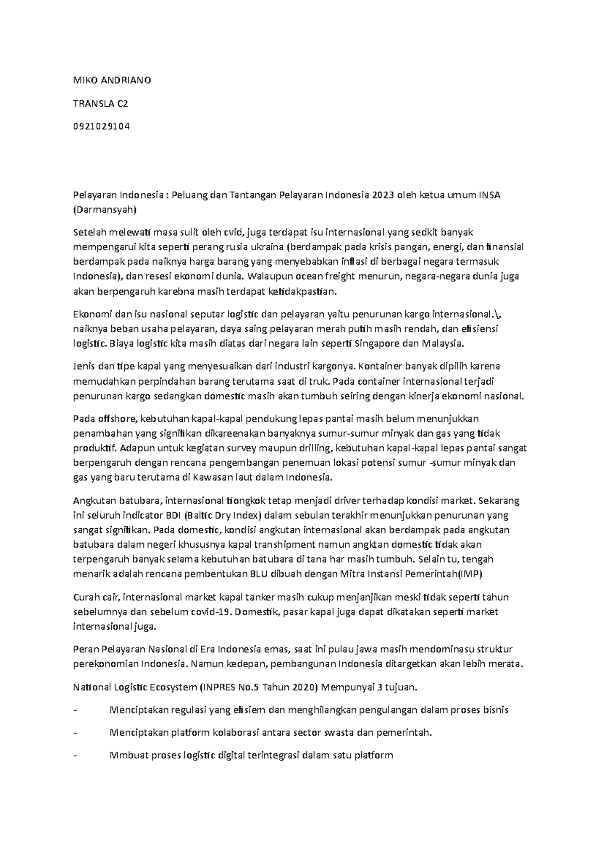 Resume MIKO Andriano TLC2 0921029104 - MIKO ANDRIANO TRANSLA C 0921029104 Pelayaran Indonesia ...